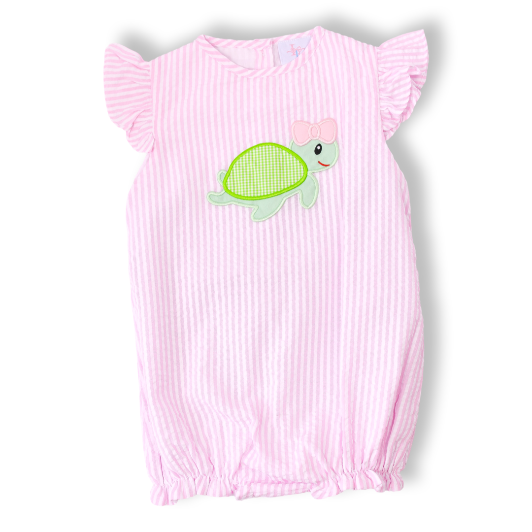 Girls Pink Seersucker Turtle Applique Bubble – Lillie & Lilah